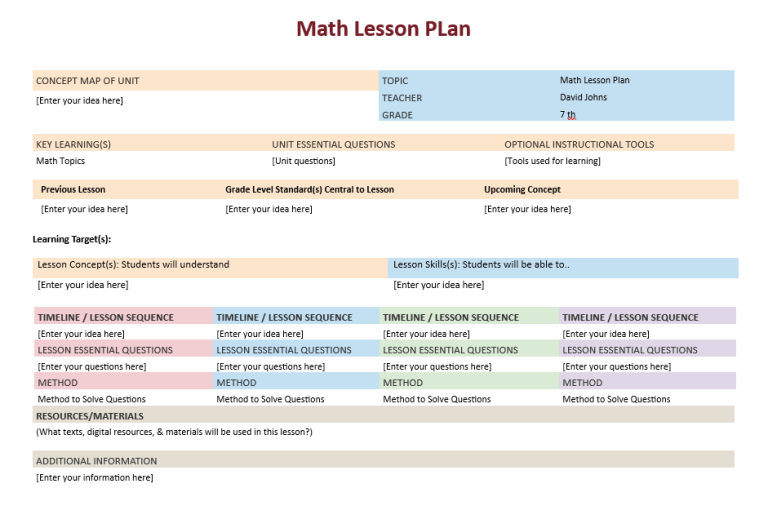 Math Lesson Plan Template | Word Templates for Free Download